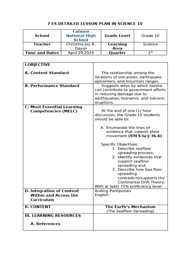Dayon Christine 7es Lesson Plan Bsed 2 | PDF | Plate Tectonics | Seabed