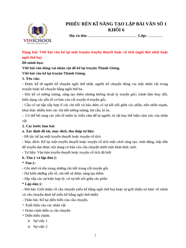 Phiếu rèn kĩ năng tạo lập bài văn ôn thi HKII | PDF