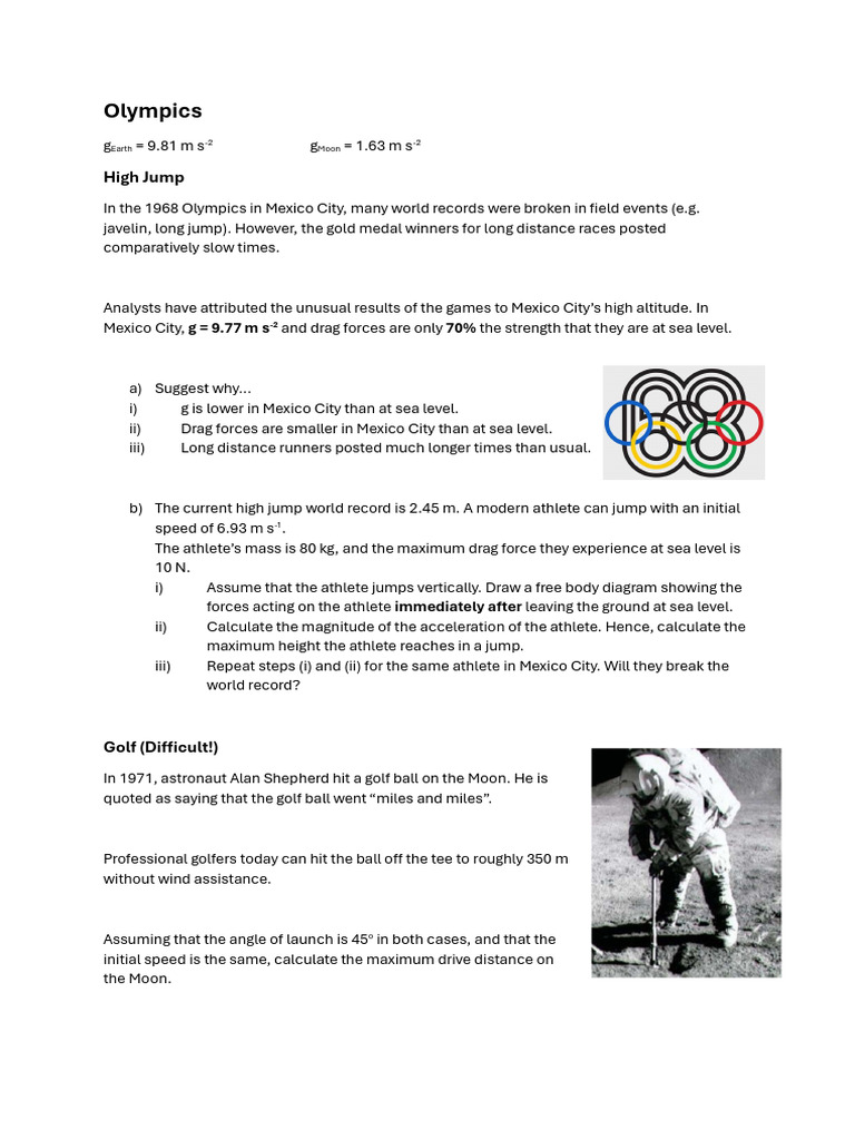 Olympics on the Moon Physics Problems | PDF