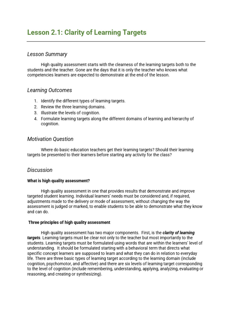 Lesson 2.1 Clarity of Learning Targets | PDF | Learning | Affect ...