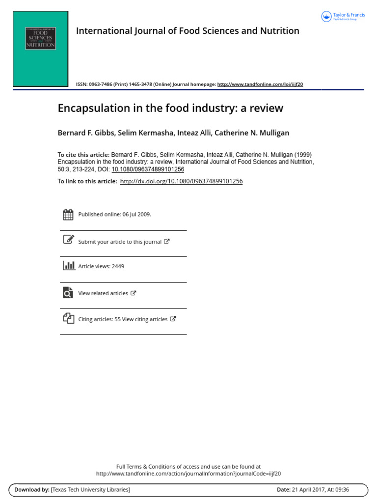 Gibbs. 1999. Encapsulation in The Food Industry A Review | PDF ...