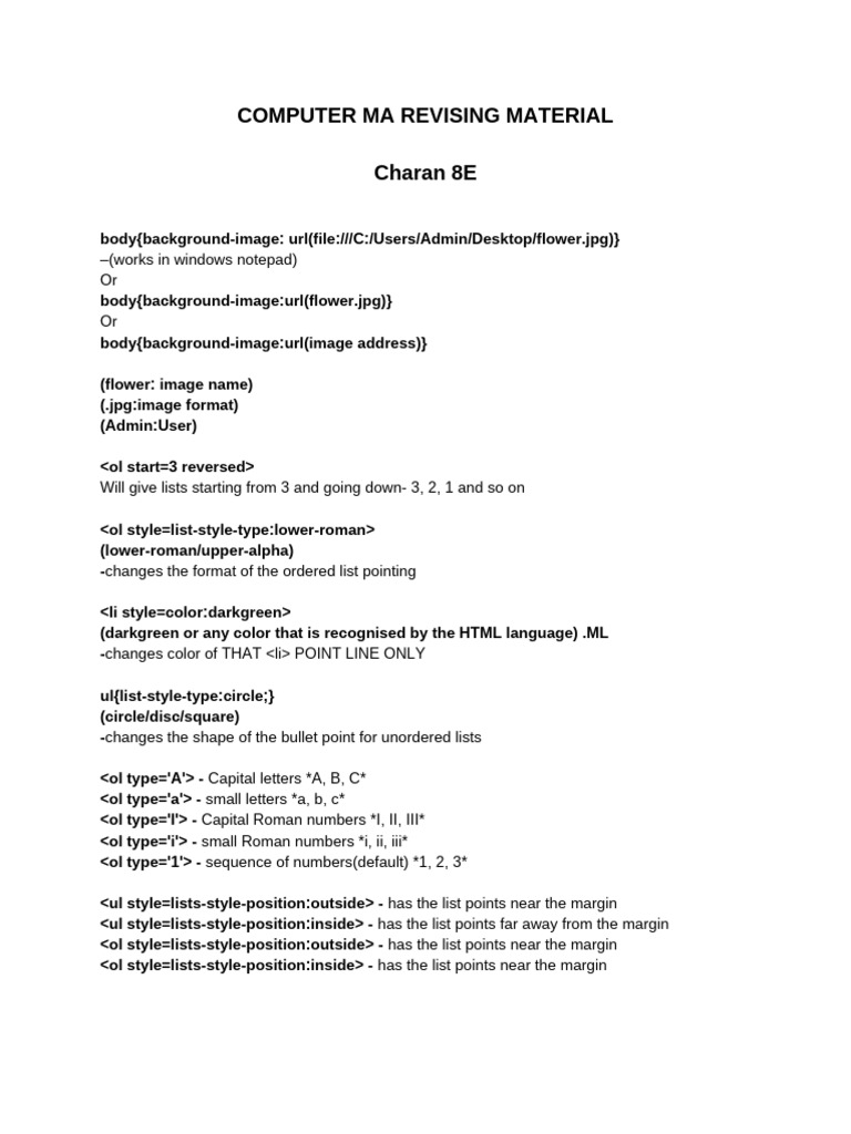 Computer Ma Revising Material | PDF | Html Element | Computing