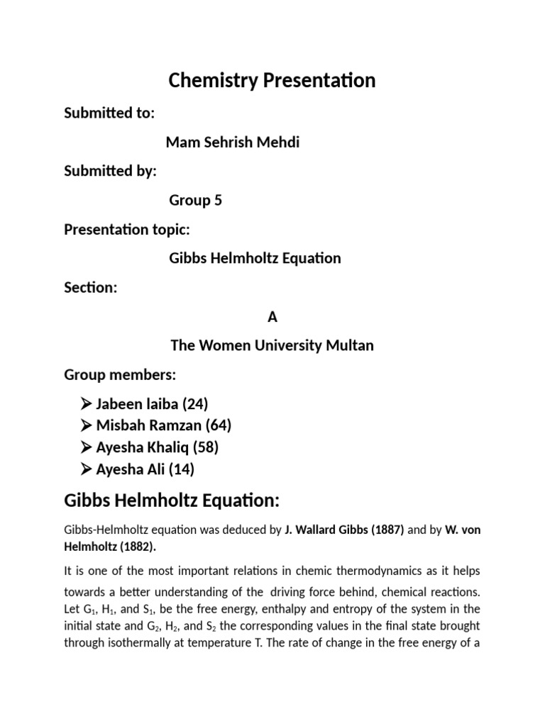 Gibbs Helmholtz Equation Explained | PDF | Gibbs Free Energy | Enthalpy