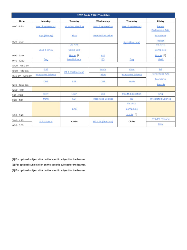NPTP 2023 Online School Timetables - Grade 7 Oby | PDF