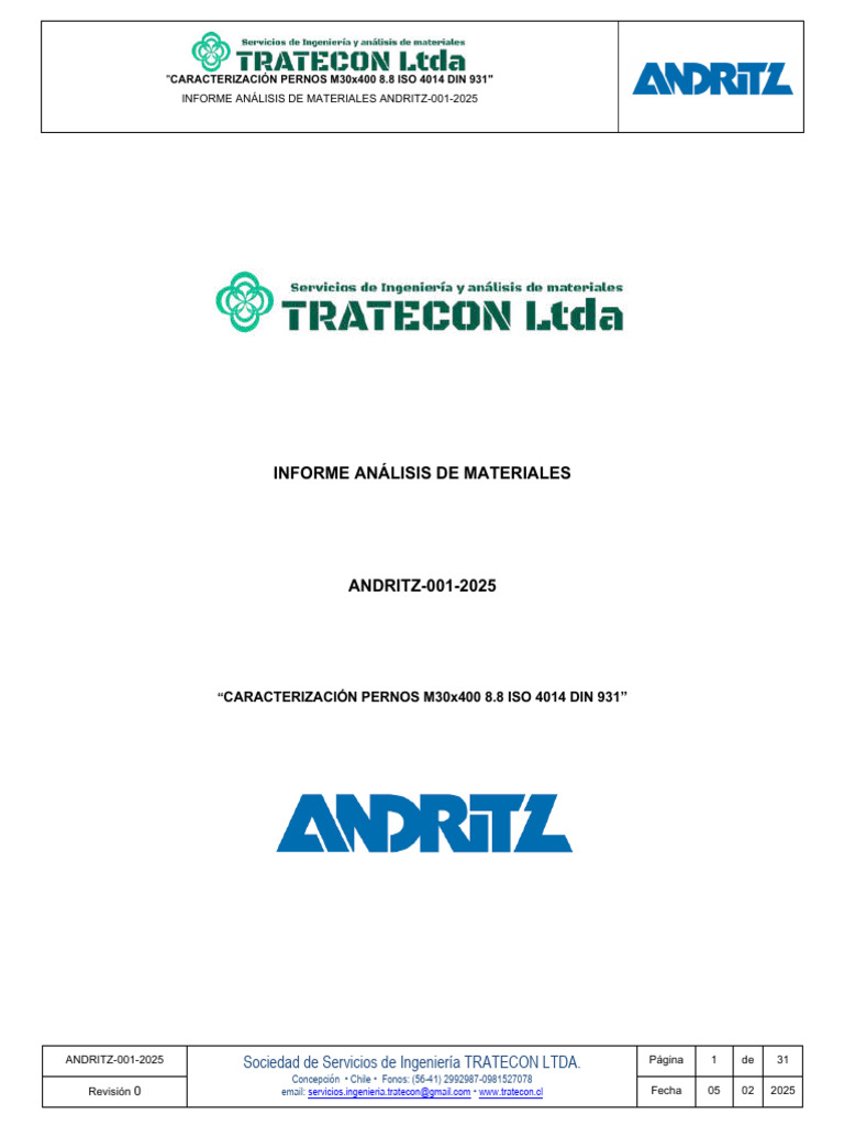 Análisis Pernos M30x400: Informe Técnico | PDF | Tornillo | Metalurgia