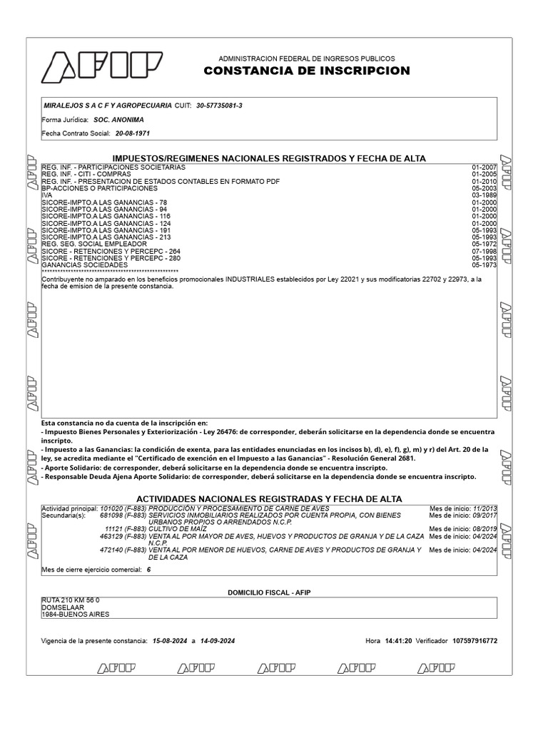 Constancia de Inscripción AFIP Miralejos S.A. | PDF
