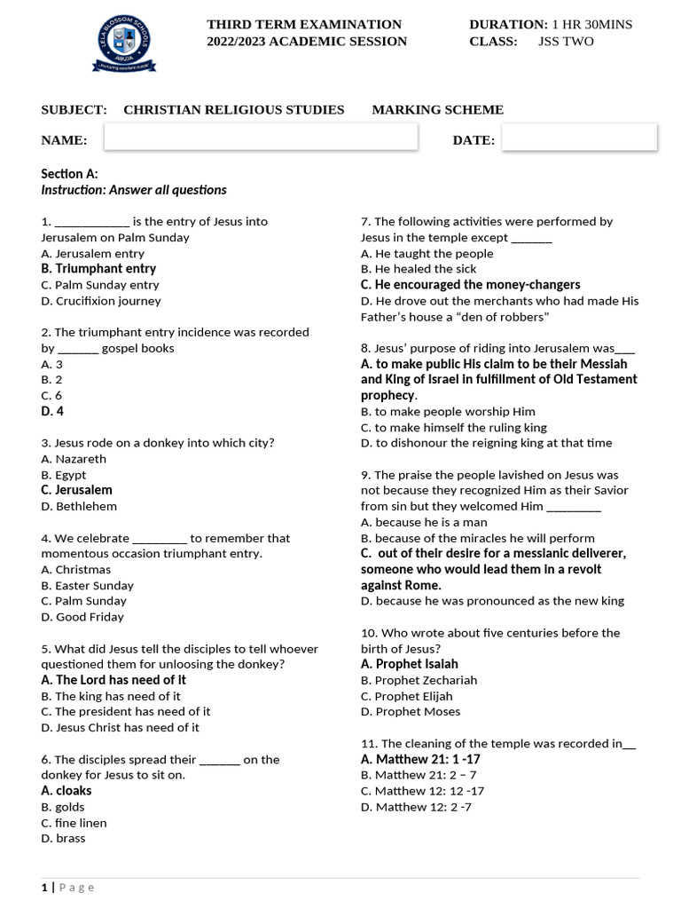 JSS 2 3RD Term CRS Exam Marking Scheme | PDF | Jesus | Gospel Of Matthew