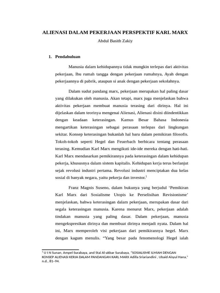 Alienasi Dalam Pekerjaan Perspektif Karl Marx | PDF