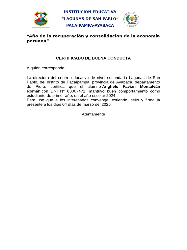 Certificado de Buena Conducta-Anghelo Favián | PDF