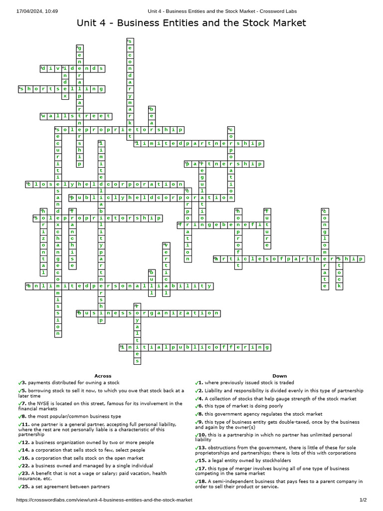 Unit 4 - Business Entities and The Stock Market - Crossword Labs | PDF ...