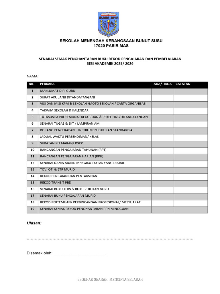 revised_SENARAI SEMAK PENGHANTARAN BUKU REKOD PENGAJARAN DAN PEMBELAJARAN | PDF