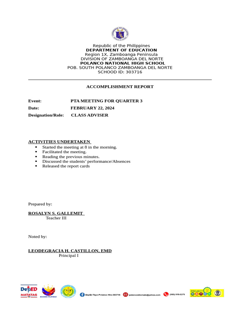 Accomplishment Report PTA 5 | PDF