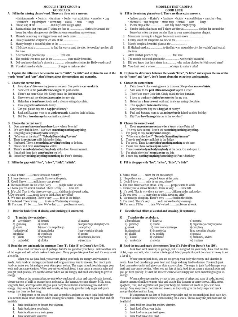 MODULE 8 TEST GROUP A | PDF | Foods