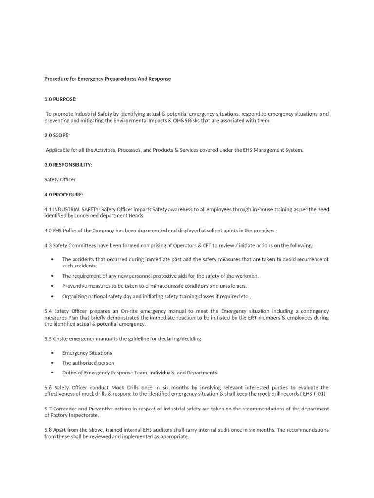 Procedure For Emergency Preparedness And Response Pdf Occupational