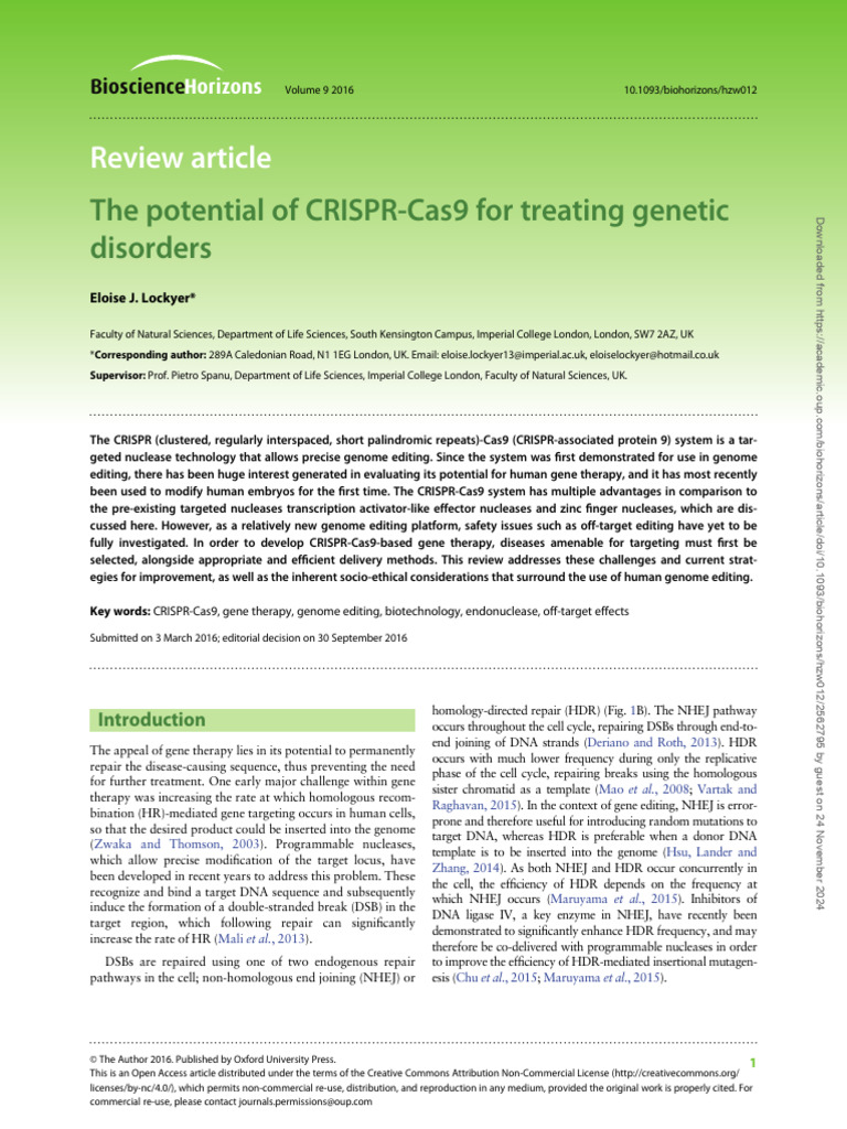 The Potential of CRISPR-Cas9 For Treating Genetic Disorders | PDF ...