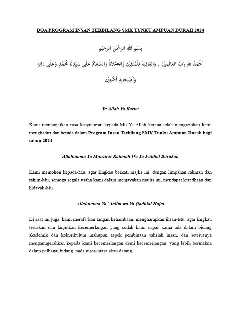 DOA PROGRAM INSAN TERBILANG SMKTAD 2024 | PDF