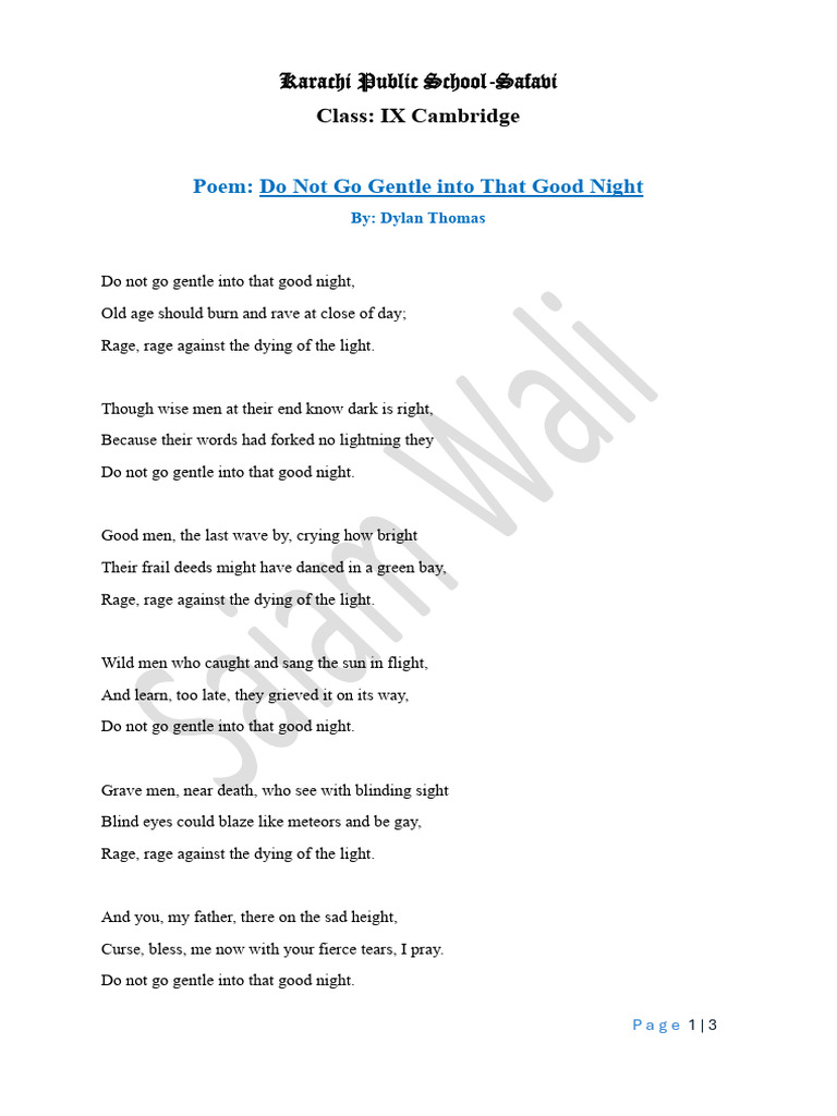 Poem Do Not Go Gentle Into That Good Night | PDF | Poetry