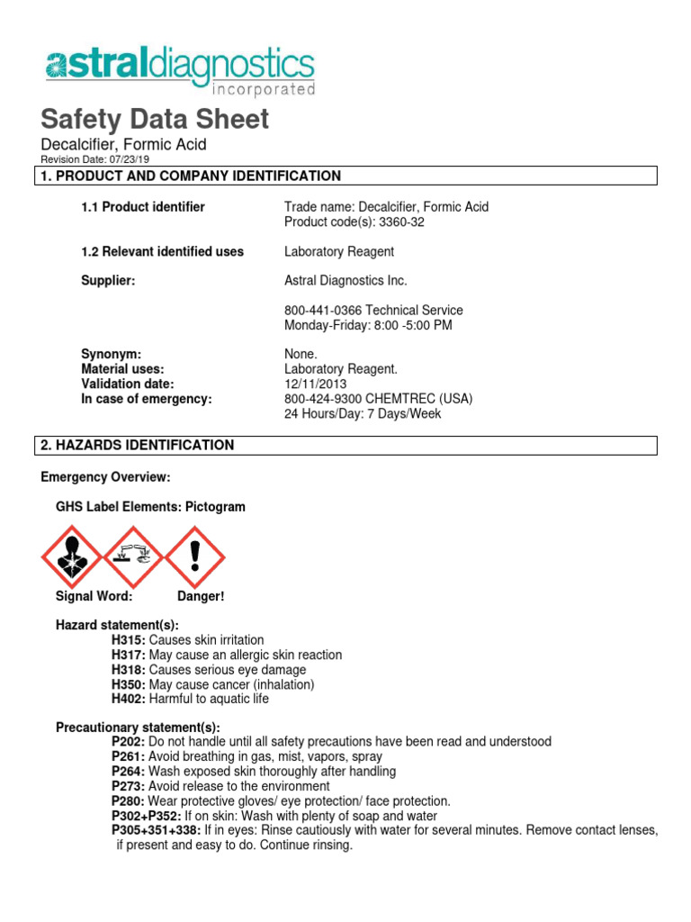 Decalcifier Formic Acid Safety Data Sheet | PDF | Formaldehyde | Toxicity