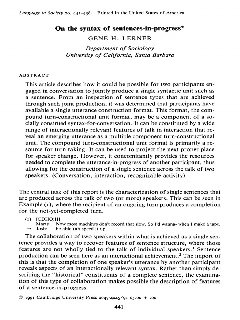 Lerner,G.(1991)O the synax of sentence-in-progress | PDF | Syntax ...