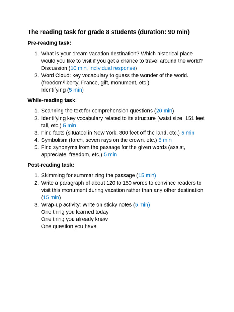 The Reading Task For Grade 8 Students | PDF