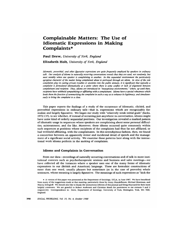 Idioms in Complaints: A Conversational Study | PDF | Idiom