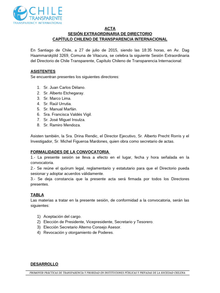 Acta de Sesión Extraordinaria de Chile Transparente | PDF ...