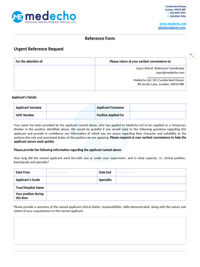 Medecho Ltd Reference Request Form | PDF | Justice | Crime & Violence