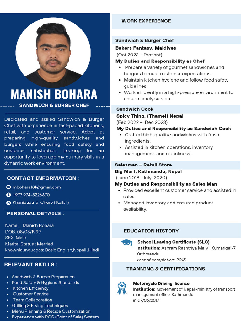 Manish Bohara -Sandwich & Burger Chef | PDF | Hamburgers | Chef