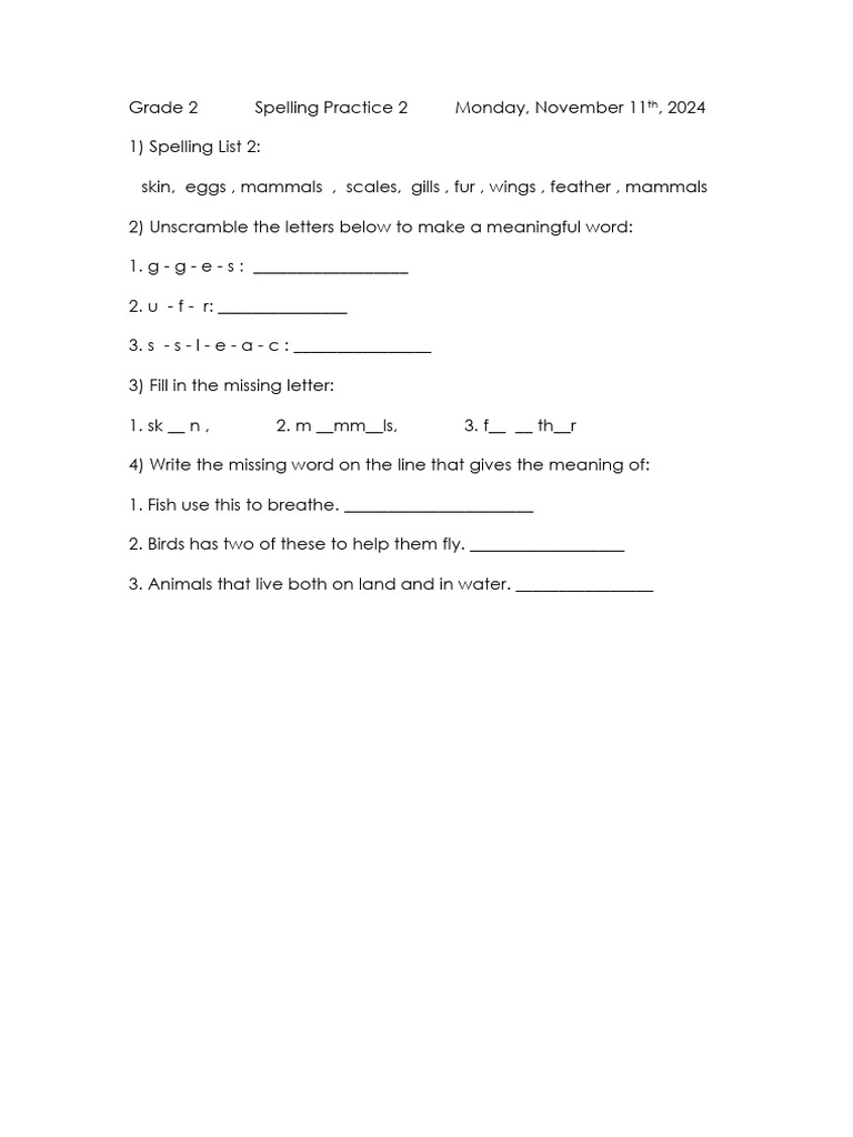 Grade 2 - Spelling Practice 2 | PDF