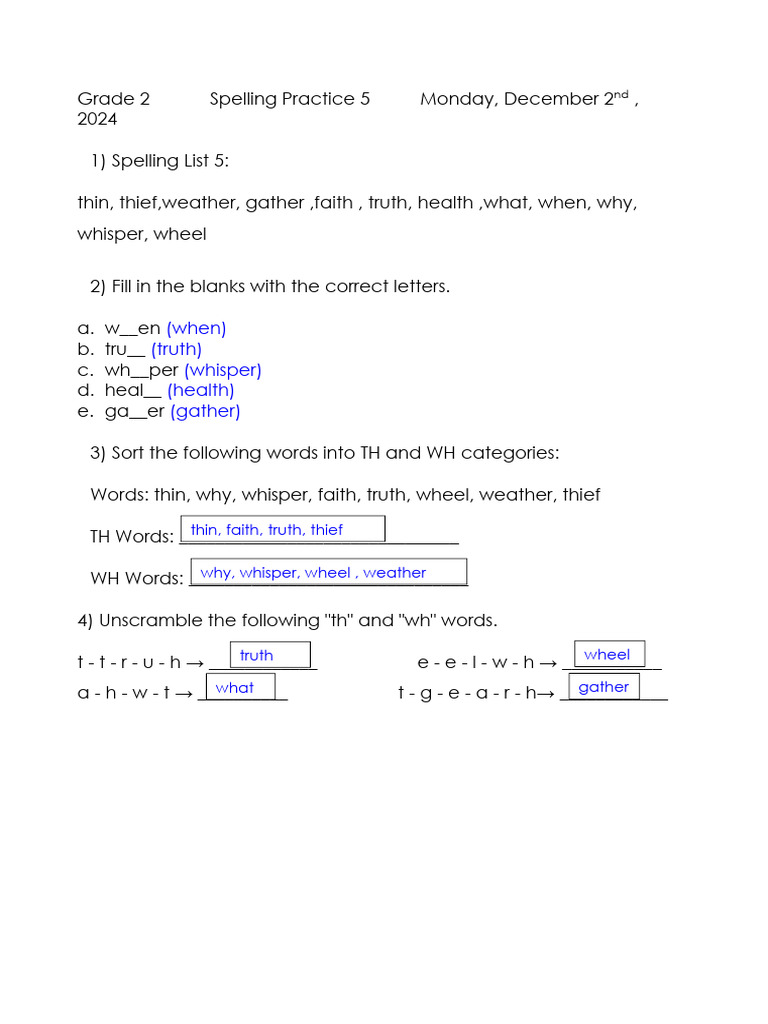 Grade 2 - Spelling Practice 5 | PDF