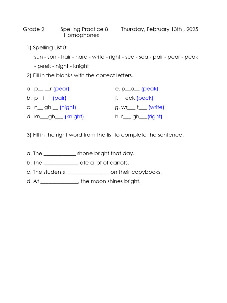 Grade 2 - Spelling Practice 8 | PDF