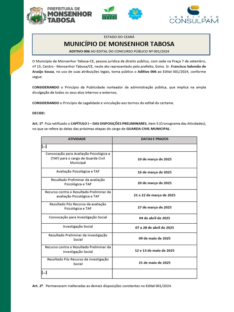 Aditivo 006 - Monsenhor Tabosa | PDF | Governo | Justiça
