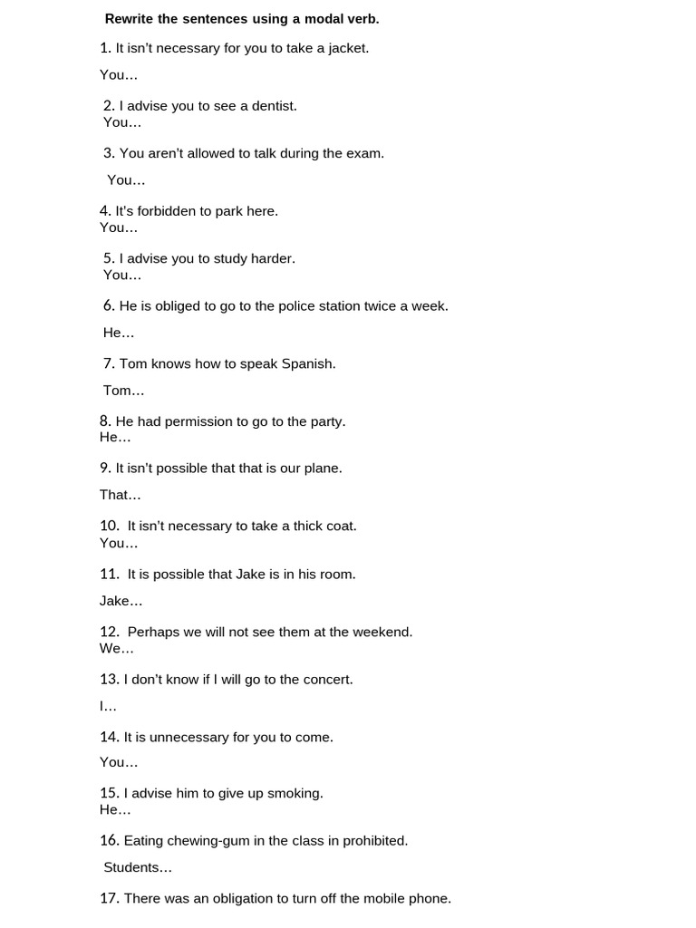 Rewrite the Sentences Using a Modal Verb | PDF