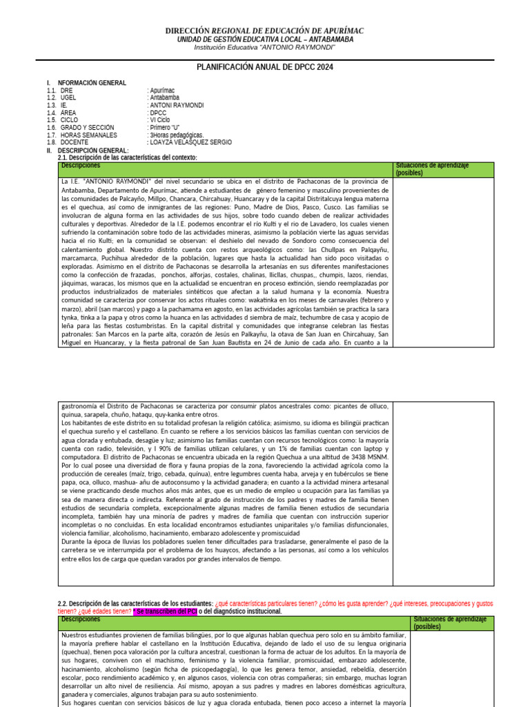 Plan Anual DPCC 2024: Contexto y Estudiantes | PDF | Evaluación ...