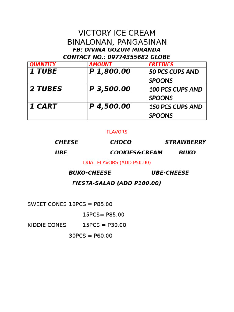 Ice Cream Prices & Flavors Binalonan | PDF
