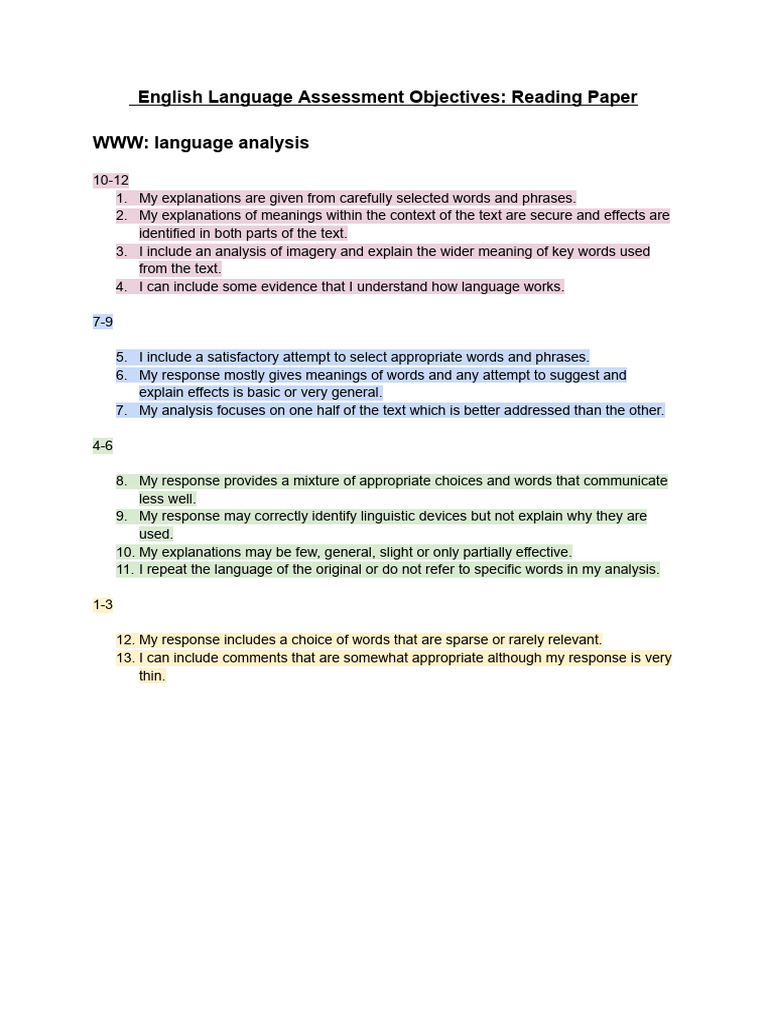 English Language WWWs and EBIs For The Reading Paper (Language Analysis ...