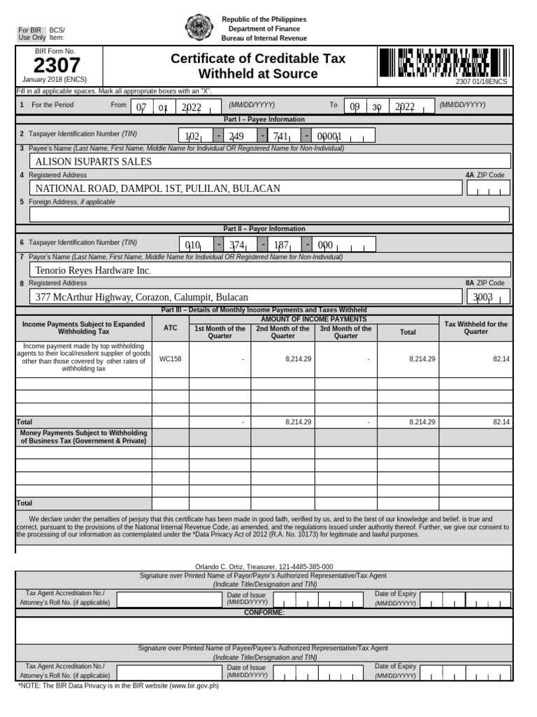 Form 2307 Jan 2018 ENCS v3 | PDF | Value Added Tax | Taxes