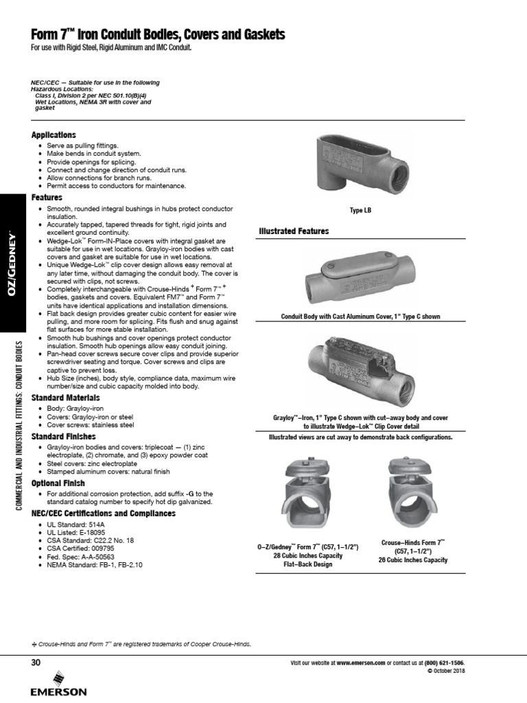 Oz Gedney Conduit Body Form 7 Data Sheet | PDF | Pipe (Fluid Conveyance ...