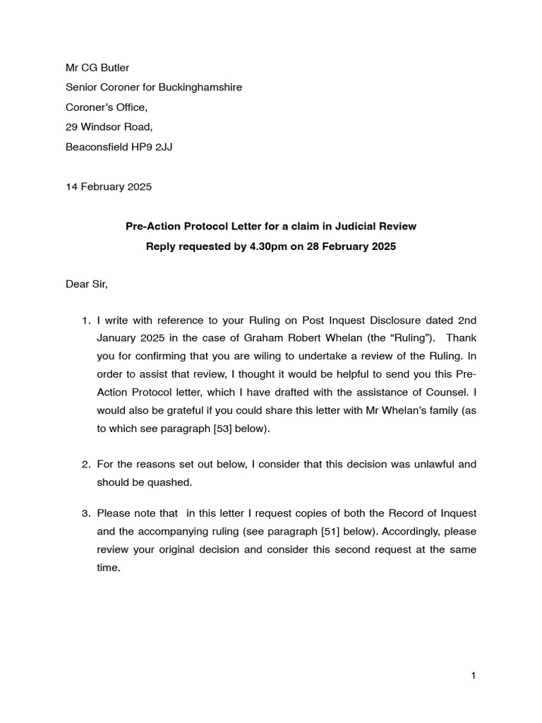 Judicial Review Pre-Action Protocol Letter | PDF | Coroner | Crimes