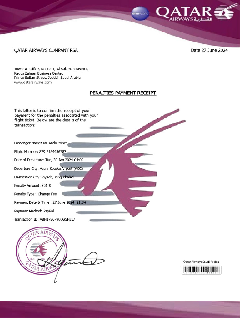 Ando Prince Penalties Payment Receipt Qatar Airways | PDF