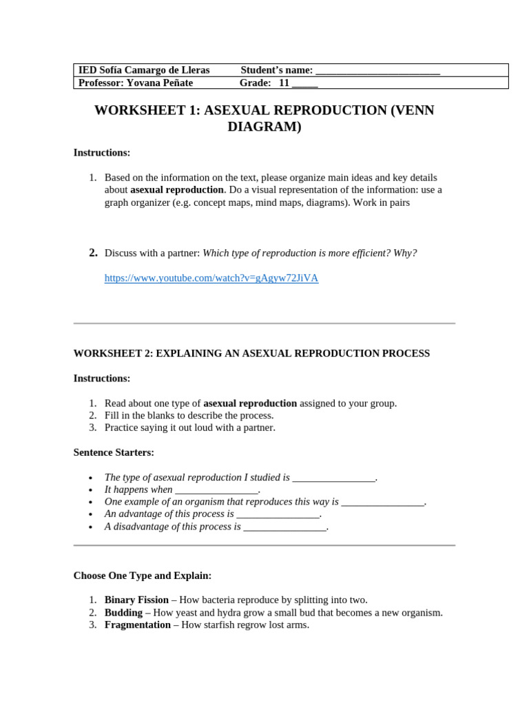 Asexual Reproduction Worksheet Activities | PDF