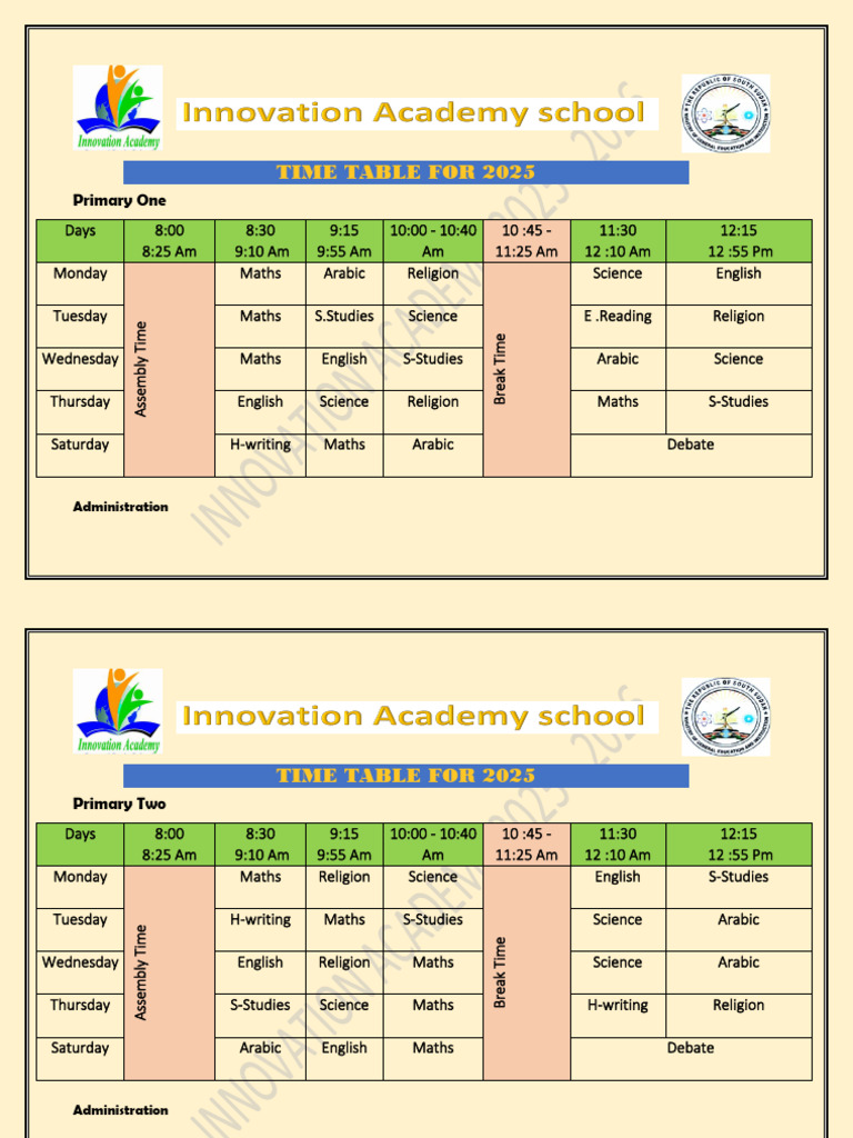 Time Table For 2025 - All Classes From (KG 0 - Primary 6) | PDF