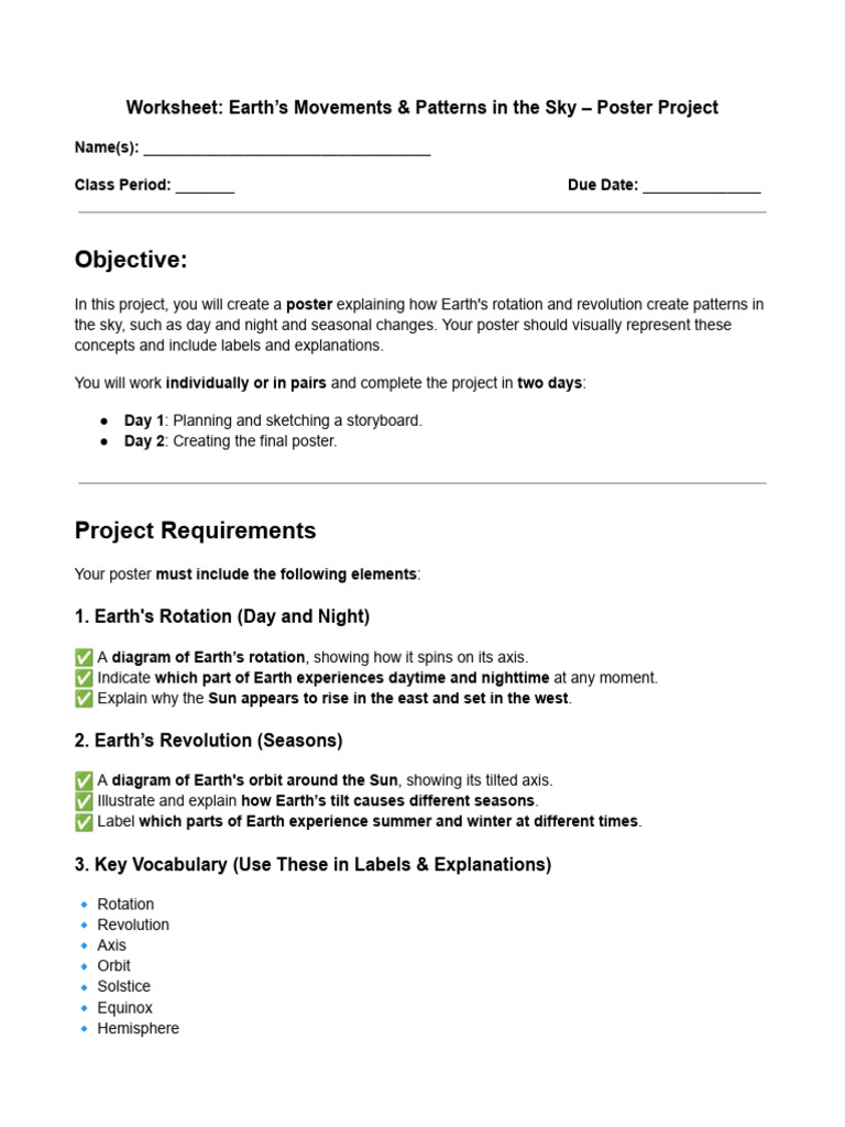 Worksheet_ Earth’s Movements & Patterns in the Sky – Poster Project | PDF