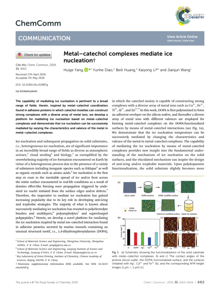 Metal–catechol complexes mediate ice nucleation | PDF | Nucleation | Freezing
