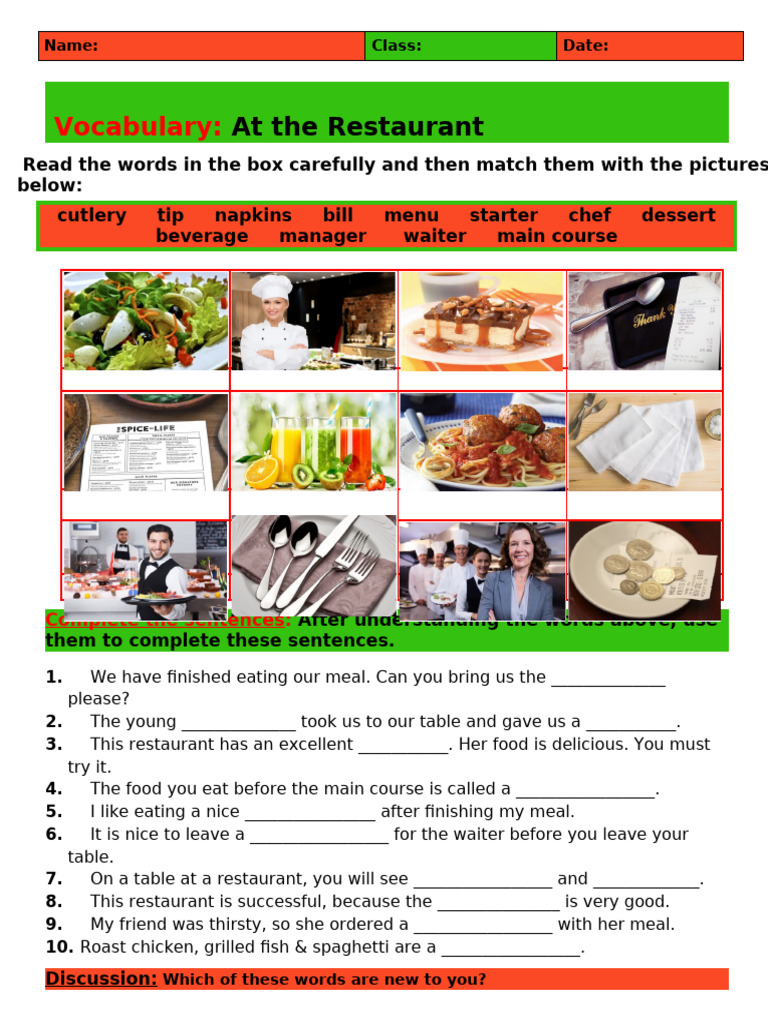 At The Restaurant - Vocabulary | PDF