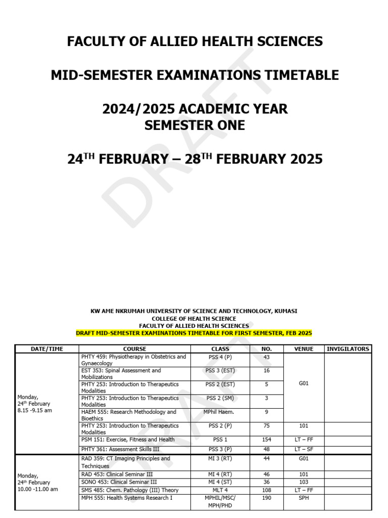 Draft - Fahs Mid-Semester Exams Timetable (Semester 1, February 2025) | PDF | Clinical Medicine ...