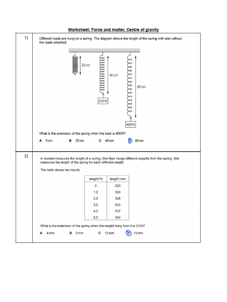 Force, Matter, and Center of Gravity Worksheet | PDF