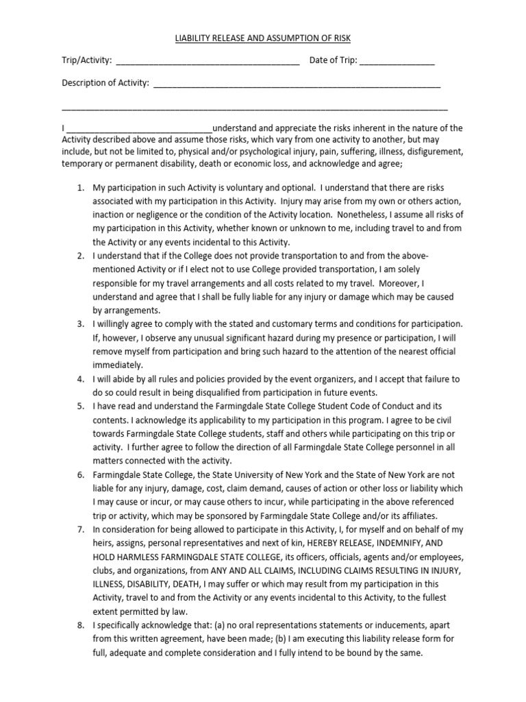Liability Release and Assumption of Risk 1 | PDF | Legal Liability ...