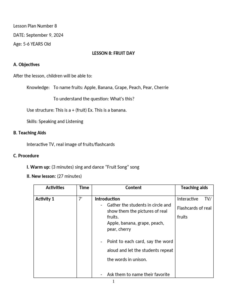 LESSON PLAN FFRUIT | PDF | Cognition | Learning