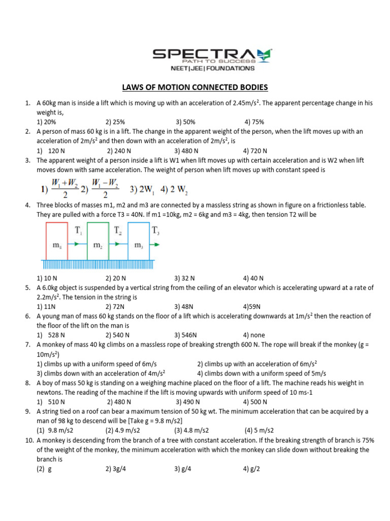 Laws of Motion Connected Bodies | PDF | Tension (Physics) | Force